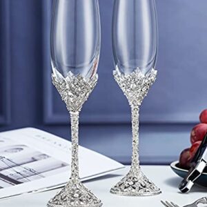 Jozen Gift Champagne Flutes - Crystal Glass Metal Base With Crystal Stones, Set of 2 Toasting Flute Pair, Wedding Anniversary Party Birthday Banquets and Gifts for Bride and Groom7oz