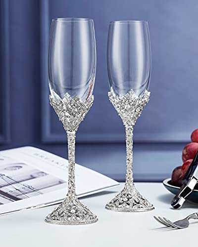 Jozen Gift Champagne Flutes - Crystal Glass Metal Base With Crystal Stones, Set of 2 Toasting Flute Pair, Wedding Anniversary Party Birthday Banquets and Gifts for Bride and Groom7oz