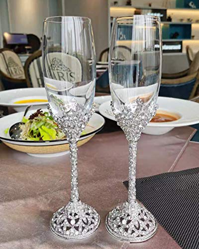 Jozen Gift Champagne Flutes - Crystal Glass Metal Base With Crystal Stones, Set of 2 Toasting Flute Pair, Wedding Anniversary Party Birthday Banquets and Gifts for Bride and Groom7oz