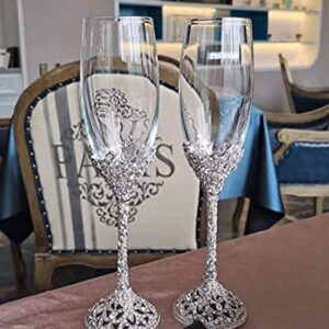 Jozen Gift Champagne Flutes - Crystal Glass Metal Base With Crystal Stones, Set of 2 Toasting Flute Pair, Wedding Anniversary Party Birthday Banquets and Gifts for Bride and Groom7oz