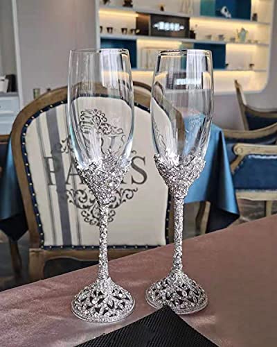 Jozen Gift Champagne Flutes - Crystal Glass Metal Base With Crystal Stones, Set of 2 Toasting Flute Pair, Wedding Anniversary Party Birthday Banquets and Gifts for Bride and Groom7oz