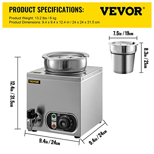 VEVOR 110V Commercial Food Warmer 4.2 Qt Capacity, 300W Electric Soup Warmer Adjustable Temp.32-185℉, Stainless Steel Countertop Soup Pot with Tap, Bain Marie Food Warmer for Cheese/Hot Dog/Rice