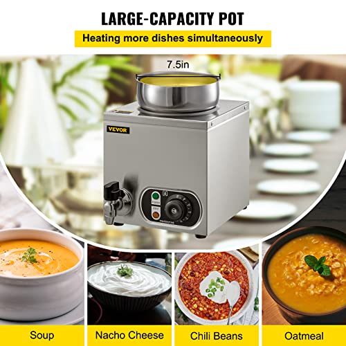 VEVOR 110V Commercial Food Warmer 4.2 Qt Capacity, 300W Electric Soup Warmer Adjustable Temp.32-185℉, Stainless Steel Countertop Soup Pot with Tap, Bain Marie Food Warmer for Cheese/Hot Dog/Rice