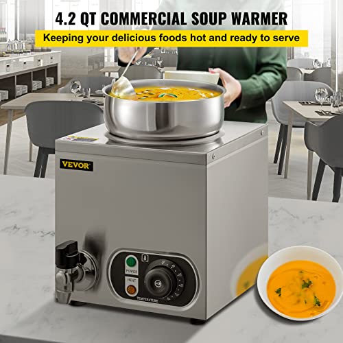 VEVOR 110V Commercial Food Warmer 4.2 Qt Capacity, 300W Electric Soup Warmer Adjustable Temp.32-185℉, Stainless Steel Countertop Soup Pot with Tap, Bain Marie Food Warmer for Cheese/Hot Dog/Rice