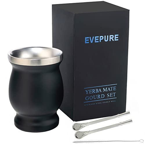 Evepure Yerba Mate Gourd Cup- Mate Gourd and Bombilla Set - Silicone Straw Tips for Yerba Mate Bombillas - Midnight Black