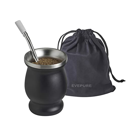 Evepure Yerba Mate Gourd Cup- Mate Gourd and Bombilla Set - Silicone Straw Tips for Yerba Mate Bombillas - Midnight Black