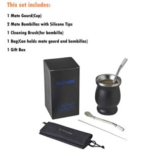 Evepure Yerba Mate Gourd Cup- Mate Gourd and Bombilla Set - Silicone Straw Tips for Yerba Mate Bombillas - Midnight Black