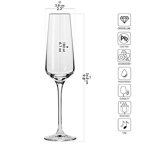 KROSNO Crystal Champagne Flute Glass | Set of 6 | 6.1 oz | Avant-Garde Collection | Perfect for Home, Restaurants and Parties | Dishwasher Safe