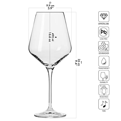 Krosno Red Wine Glasses | Set of 6 | 16.6 oz | Avant-Garde Collection | Crystal Glass | Perfect for Home, Restaurants and Parties | Dishwasher Safe