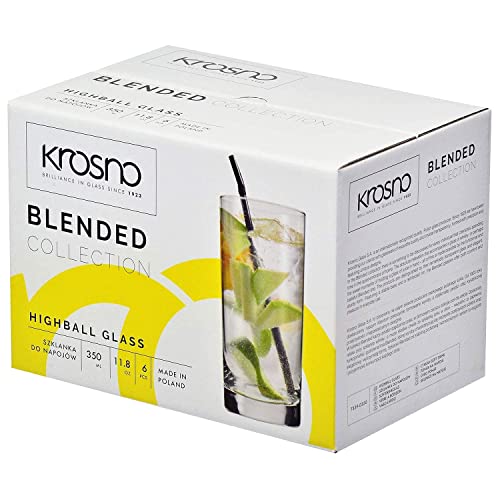 Krosno Tall Water Juice Drinking Highball Glasses | Set of 6 | 11.8 oz | Blended Collection | Perfect for Home Restaurants and Parties | Dishwasher Safe | Gift Idea | Made in Europe