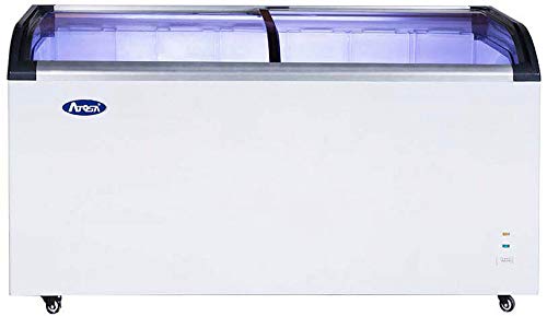 Lucky Kitchen Commercial Angle Curved Top Chest Freezer Glass Top, Deep Ice Cream Freezer with 4 Wire Baskets, Adjustable Thermostat, Locking Coasters, 12.5 Cubic Feet, White