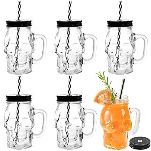 TOPZEA 6 Pack Glass Mason Drinking Jars with Handle, 16 Oz Skull Beer Mugs Wide Mouth Tumbler Cup with Straws, Pub Bar Drinking Mugs for Beverage, Liquor, Cold Drinks