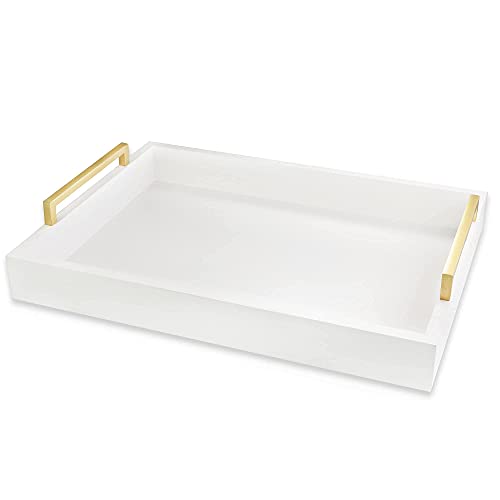 Crown Home & Living Ottoman Serving Tray 16.5x12.25 - White Coffee Table Tray with Brushed Gold Handles, Handcrafted, Sturdy & Spacious - Ideal for Bedroom, Kitchen, Living Room Decor