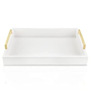 Crown Home & Living Ottoman Serving Tray 16.5x12.25 - White Coffee Table Tray with Brushed Gold Handles, Handcrafted, Sturdy & Spacious - Ideal for Bedroom, Kitchen, Living Room Decor