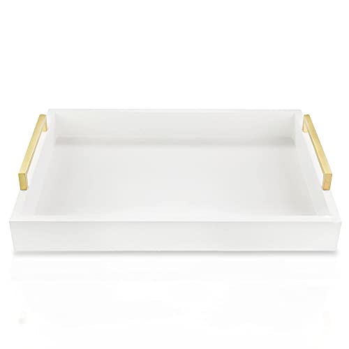 Crown Home & Living Ottoman Serving Tray 16.5x12.25 - White Coffee Table Tray with Brushed Gold Handles, Handcrafted, Sturdy & Spacious - Ideal for Bedroom, Kitchen, Living Room Decor