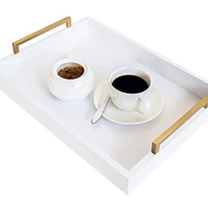 Crown Home & Living Ottoman Serving Tray 16.5x12.25 - White Coffee Table Tray with Brushed Gold Handles, Handcrafted, Sturdy & Spacious - Ideal for Bedroom, Kitchen, Living Room Decor