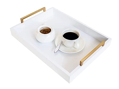 Crown Home & Living Ottoman Serving Tray 16.5x12.25 - White Coffee Table Tray with Brushed Gold Handles, Handcrafted, Sturdy & Spacious - Ideal for Bedroom, Kitchen, Living Room Decor