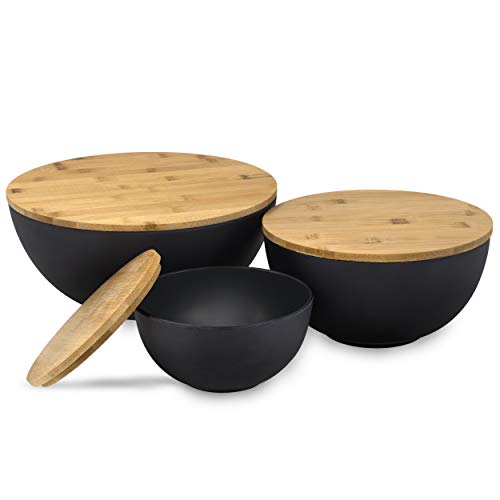 Bremel Home Salad Bowl with Lid - Large Salad Bowl Set of 3 with Wooden Lids, Bamboo Fibre like Melamine Mixing Bowl & Storage Set for Serving Salad, Salad Serving Bowl Set for Pasta, Popcorn, Chips