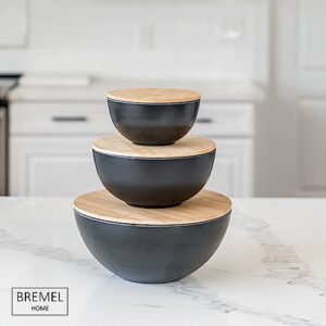 Bremel Home Salad Bowl with Lid - Large Salad Bowl Set of 3 with Wooden Lids, Bamboo Fibre like Melamine Mixing Bowl & Storage Set for Serving Salad, Salad Serving Bowl Set for Pasta, Popcorn, Chips