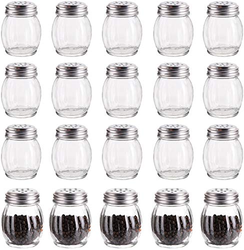 Nicunom 20 Pack 6 Oz Spices Shaker with Perforated Stainless Steel Lid, Swirl Glass Parmesan Cheese Shaker with Slotted Caps, Salt and Pepper Shakers Set, Seasonings Spice Retro Style Dispensers