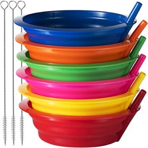 cereal bowls with straws for kids - (set of 6 - 20-ounce bowls) bpa-free plastic reusable bowls with built-in straws for children & toddlers, dishwasher and microwave safe, includes 3 cleaning brushes