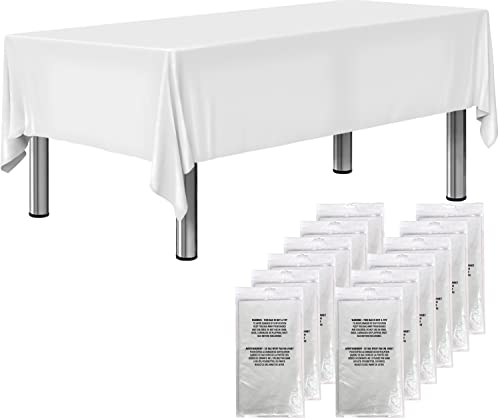 Sonluma 12 Pack 108" X 54" White Premium Disposable Plastic Tablecloth for 8ft Long Rectangle Tables, Waterproof Covers for Indoor or Outdoor Events & Parties