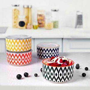 Miicol Ceramic Bowls Set with Lids, Porcelain Food Storage Containers, Porcelain Prep Bowls for Kitchen, Microwave & Dishwasher Safe, Assorted Patterns, 23 Ounces, Set of 4