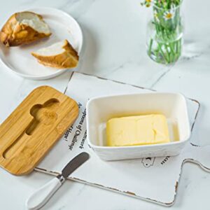 Large Butter Dish with Lid for Countertop Porcelain Butter Container with Knife Double Silicone Seal Butter Dishes with Covers Perfect for West or East Coast Butter, Unique Stone Pattern White