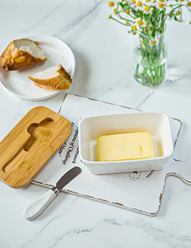 Large Butter Dish with Lid for Countertop Porcelain Butter Container with Knife Double Silicone Seal Butter Dishes with Covers Perfect for West or East Coast Butter, Unique Stone Pattern White