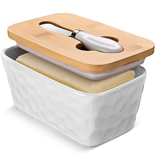 Large Butter Dish with Lid for Countertop Porcelain Butter Container with Knife Double Silicone Seal Butter Dishes with Covers Perfect for West or East Coast Butter, Unique Stone Pattern White