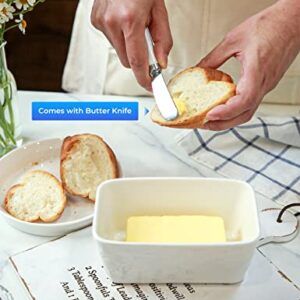 Large Butter Dish with Lid for Countertop Porcelain Butter Container with Knife Double Silicone Seal Butter Dishes with Covers Perfect for West or East Coast Butter, Unique Stone Pattern White