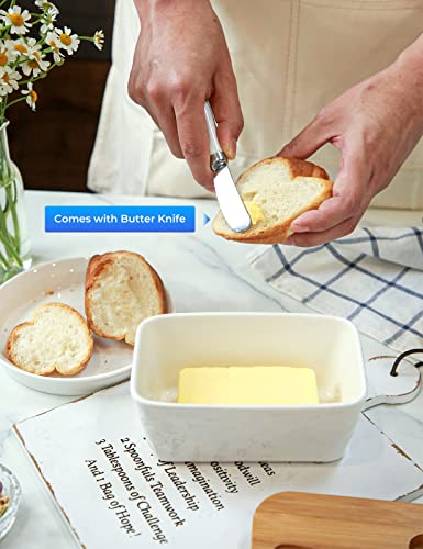 Large Butter Dish with Lid for Countertop Porcelain Butter Container with Knife Double Silicone Seal Butter Dishes with Covers Perfect for West or East Coast Butter, Unique Stone Pattern White