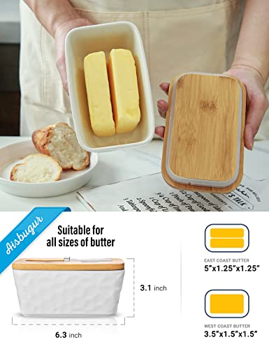 Large Butter Dish with Lid for Countertop Porcelain Butter Container with Knife Double Silicone Seal Butter Dishes with Covers Perfect for West or East Coast Butter, Unique Stone Pattern White