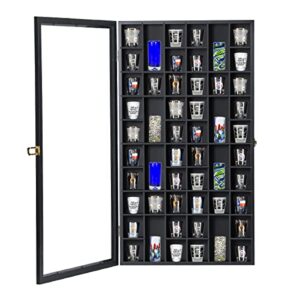 shot glass display case large wooden cabinet rack holder wall mounted black shadow box lockable with uv protection acrylic glass door shot glass storage case with removable shelves, 17"x32", 52 slots