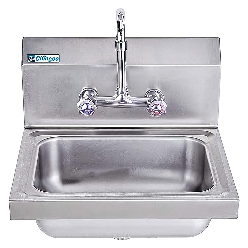 Chingoo Stainless Steel Sink with Faucet,Commercial Wall Mount Hand Basin for Washing for Restaurant, Kitchen and Home, 17 x 15 Inches