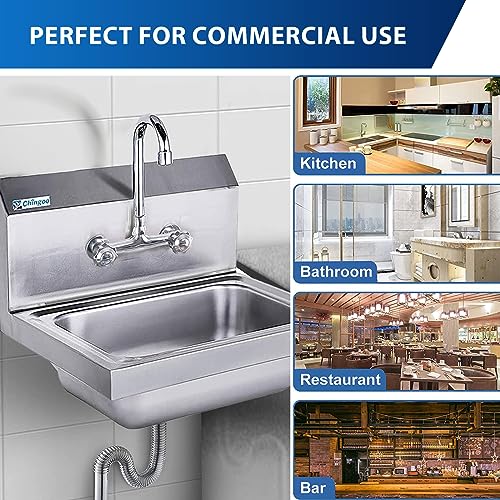 Chingoo Stainless Steel Sink with Faucet,Commercial Wall Mount Hand Basin for Washing for Restaurant, Kitchen and Home, 17 x 15 Inches