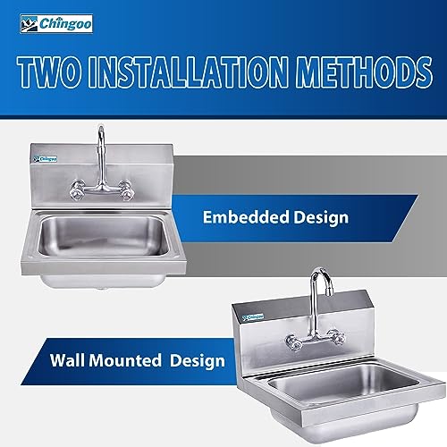 Chingoo Stainless Steel Sink with Faucet,Commercial Wall Mount Hand Basin for Washing for Restaurant, Kitchen and Home, 17 x 15 Inches