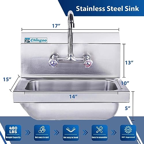 Chingoo Stainless Steel Sink with Faucet,Commercial Wall Mount Hand Basin for Washing for Restaurant, Kitchen and Home, 17 x 15 Inches