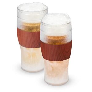 host freeze beer glasses, frozen beer mugs, freezable pint glass set, insulated beer glass to keep your drinks cold, double walled insulated glasses, tumbler for iced coffee, 16oz, set of 2, wood