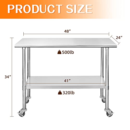 HOCCOT Stainless Steel Prep & Work Table with Adjustable Shelf, with Wheels, Kitchen Island, Commercial Workstations, Utility Table in Kitchen Garage Laundry Room Outdoor BBQ, 24" X 48"