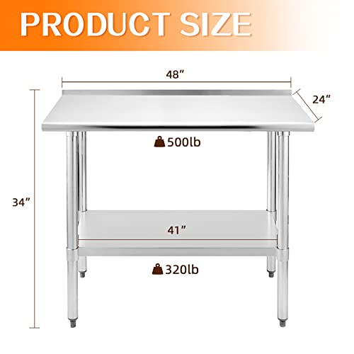 HOCCOT Stainless Steel Table for Prep & Work 24" X 48" inches with Adjustable Shelf and Backsplash, Commercial Workstations, Utility Table in Kitchen Garage Laundry Room Outdoor BBQ