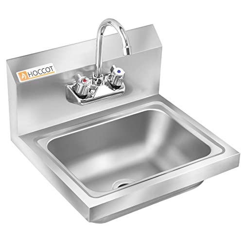 HOCCOT 304 Stainless Steel Sink, Wall Mounted Commercial Restaurant Sink, Hand Washing Sink with Back Splash, Utility Sink for Restaurant, Kitchen, Bar, Outdoor, 17" x 15"