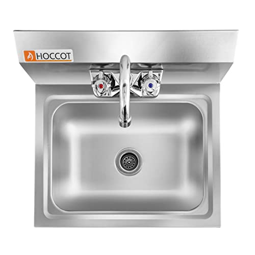 HOCCOT 304 Stainless Steel Sink, Wall Mounted Commercial Restaurant Sink, Hand Washing Sink with Back Splash, Utility Sink for Restaurant, Kitchen, Bar, Outdoor, 17" x 15"