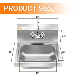 HOCCOT 304 Stainless Steel Sink, Wall Mounted Commercial Restaurant Sink, Hand Washing Sink with Back Splash, Utility Sink for Restaurant, Kitchen, Bar, Outdoor, 17" x 15"