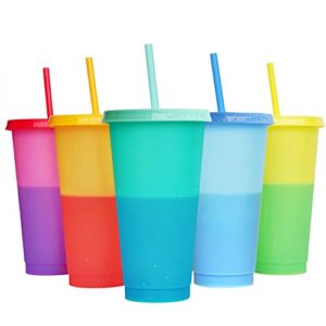 color changing cups set cooler 24oz reusable plastic cold drink cups with lids and straws for adults straws in bright colors, 5 iced coffee cup, smoothie cups with lids and straws, tumbler with straw