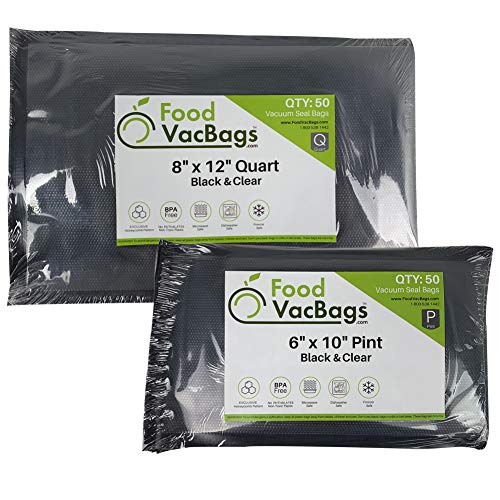 100 Total - 50 Pint 6" X 10" & 50 Quart 8" X 12" FoodVacBags Black Back Clear Front Vacuum Seal Bag Pouch, Pre-cut, Foodsaver Compatible, Perfect for Display