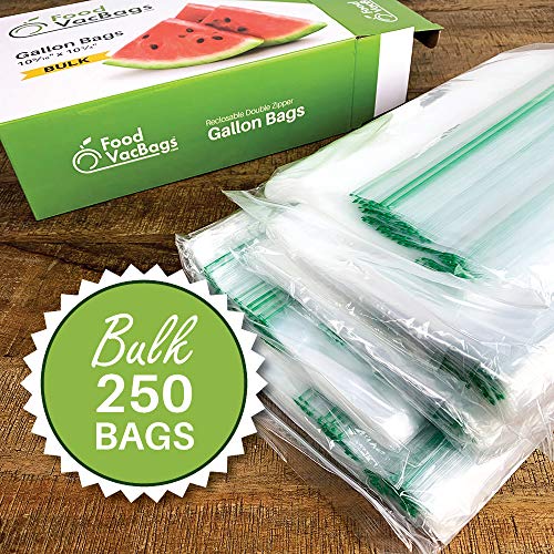 250 count - Gallon Double Zipper Reclosable Resealable Lock Seal Zip Bags, 2 mil, Food Safe, BPA Free, 10 9/16" X 10 3/4"