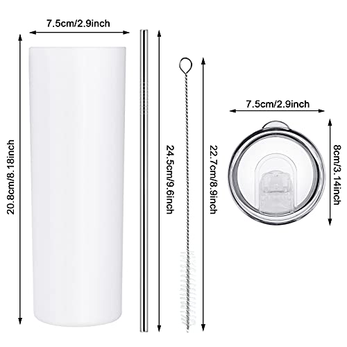 Skinny Travel Tumbler, Stainless Steel Skinny Tumbler, Double Wall Insulated Tumbler with Lid and Straw, 20 Oz Slim Water Tumbler Cup, Vacuum Tumbler Travel Mug for Coffee, Beverages, Tea (White)