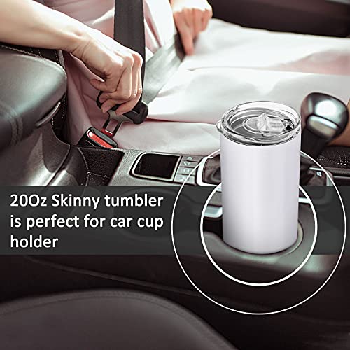 Skinny Travel Tumbler, Stainless Steel Skinny Tumbler, Double Wall Insulated Tumbler with Lid and Straw, 20 Oz Slim Water Tumbler Cup, Vacuum Tumbler Travel Mug for Coffee, Beverages, Tea (White)