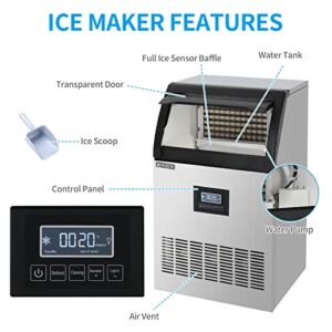 ROVSUN 200lbs/24h Commercial Ice Maker, Freestanding Ice Machine with LED Control Panel & Storage Bin, Perfect for Restaurant Bar Cafe Home Office, Includes Scoop & Connection Hose